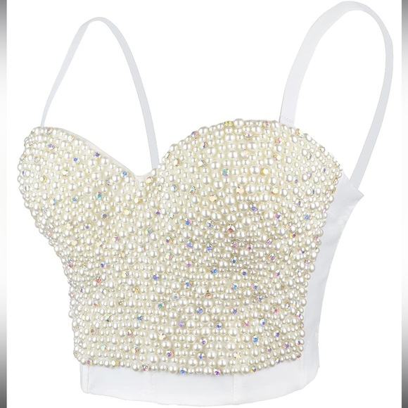 Tops | Pearls Beaded Rhinestone Bustier Crop Top Push Up Corset Top Wdetachable Straps | Poshmark